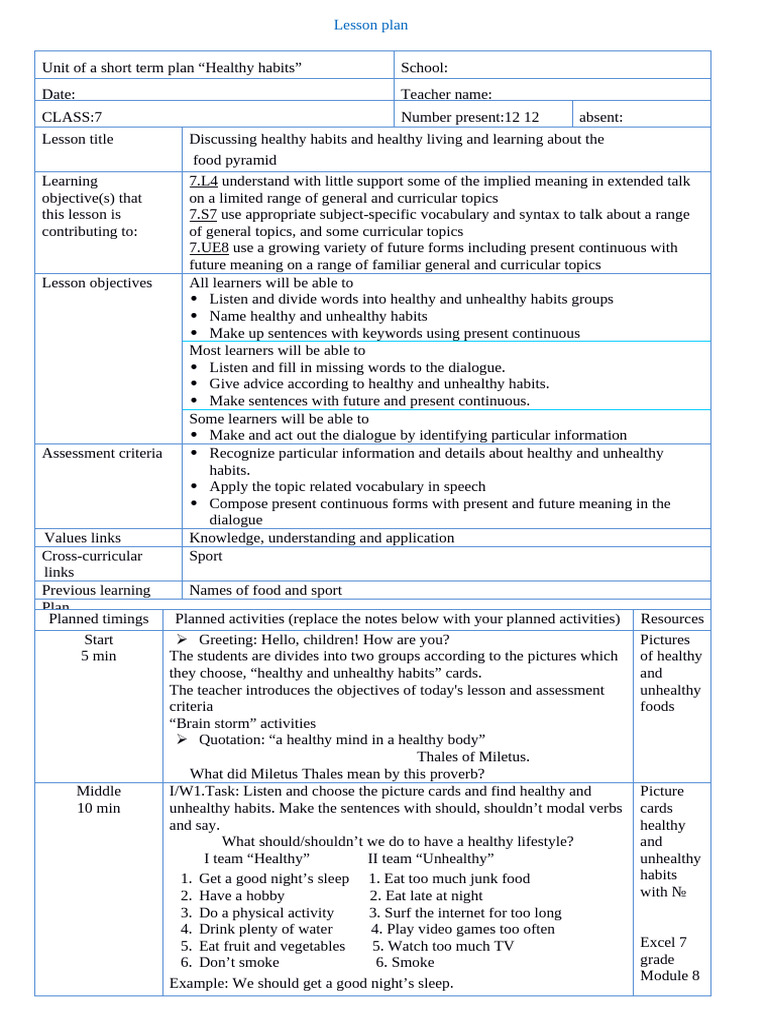 Grade 1 Healthy Habits Lesson Plan | PDF | Learning | Vocabulary