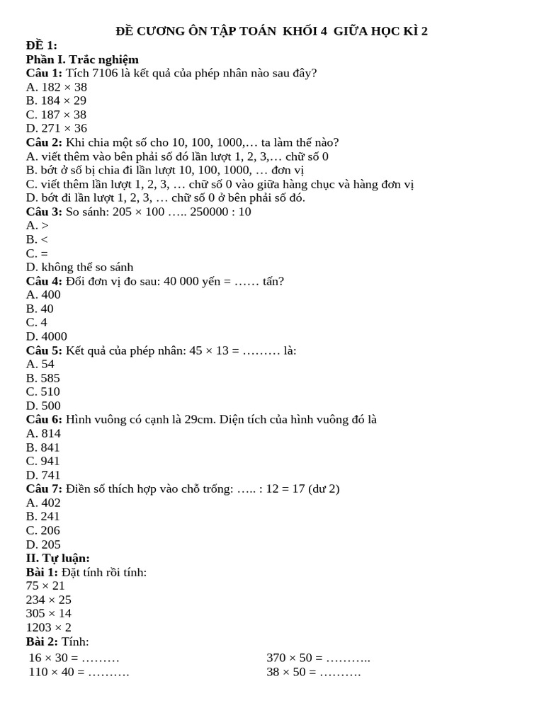 ĐỀ CƯƠNG GK2 TOÁN 4 | PDF