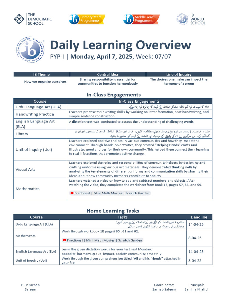 01-PYP-I-Daily Learning Overview (7th April) | PDF | Human Communication | Learning