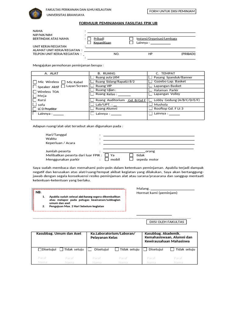 Formulir Peminjaman Fasilitas FPIK UB | PDF