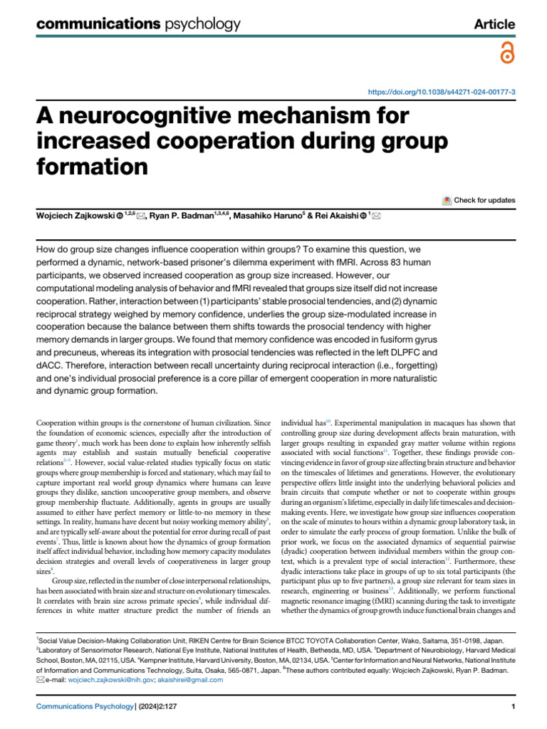 A Neurocognitive Mechanism for Increased Cooperati | PDF | Functional Magnetic Resonance Imaging ...