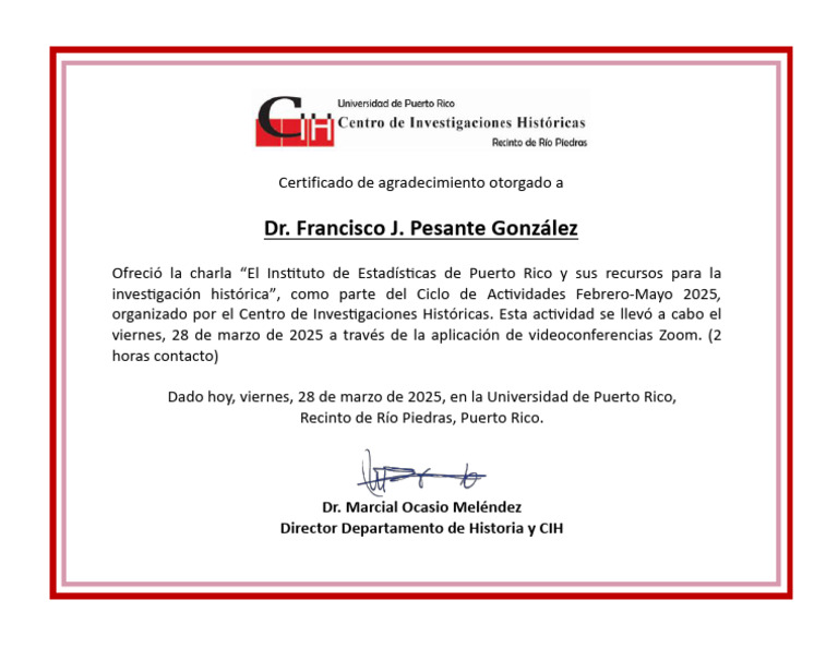 Certificado CIH Francisco Pesante 2025 | PDF