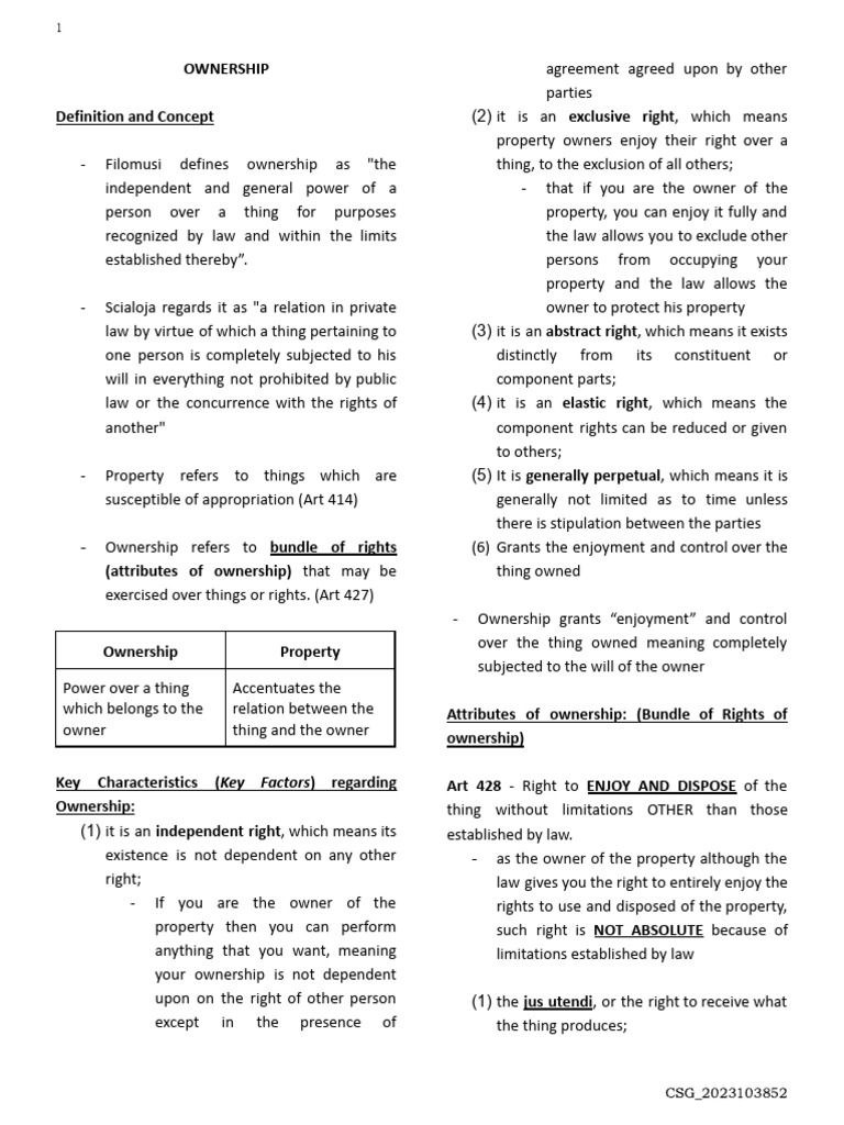 Notes On Ownership, Possession & Usufruct (Dean Jose I. Dela Rama JR ...