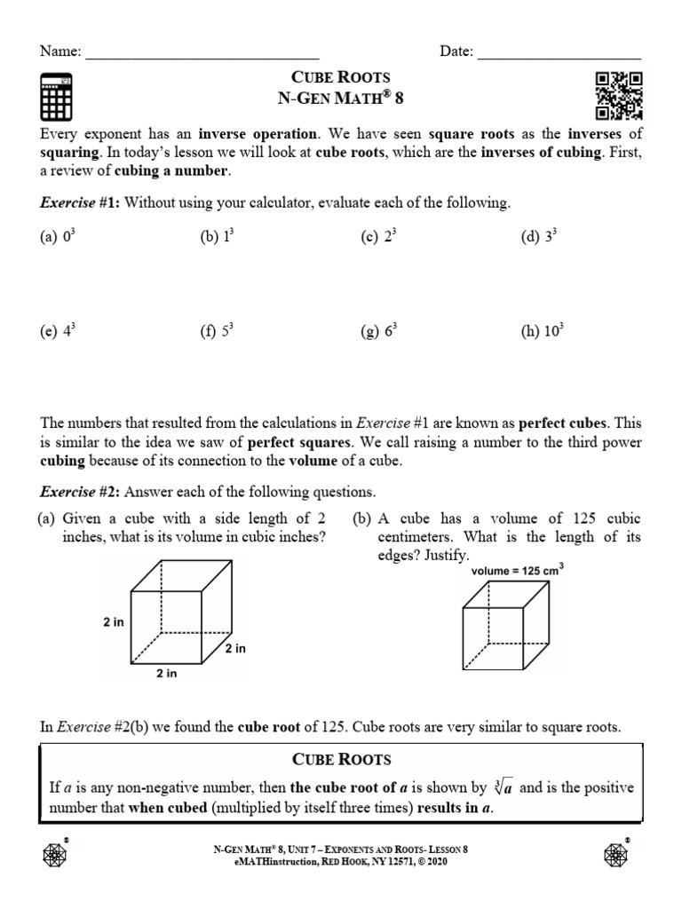N Gen Math 8.unit 7.lesson 8.cube Roots | PDF | Numbers | Volume