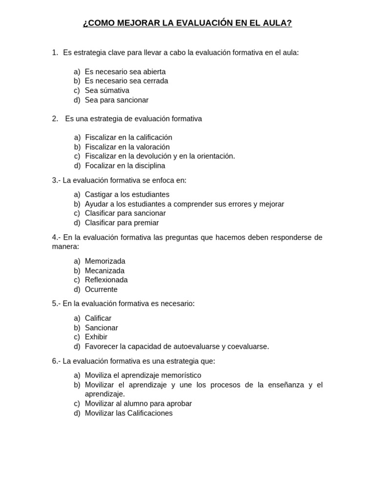 Cuestionario Cómo Mejorar La Evaluación en El Aula | PDF