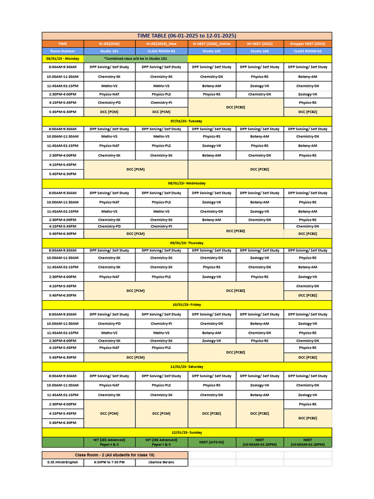JEE & NEET Timetable: Jan 2025 | PDF