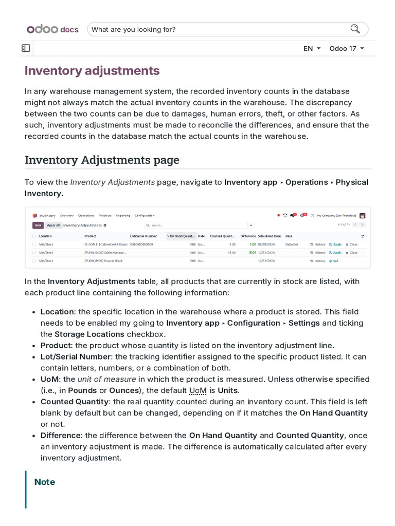 Odoo 17 Inventory Adjustments Guide | PDF | Inventory | Databases