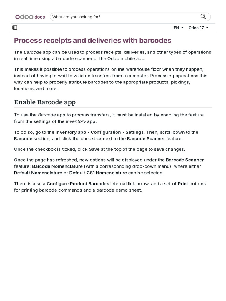 Process receipts and deliveries with barcodes — Odoo 17.0 documentation | PDF | Barcode | Image ...