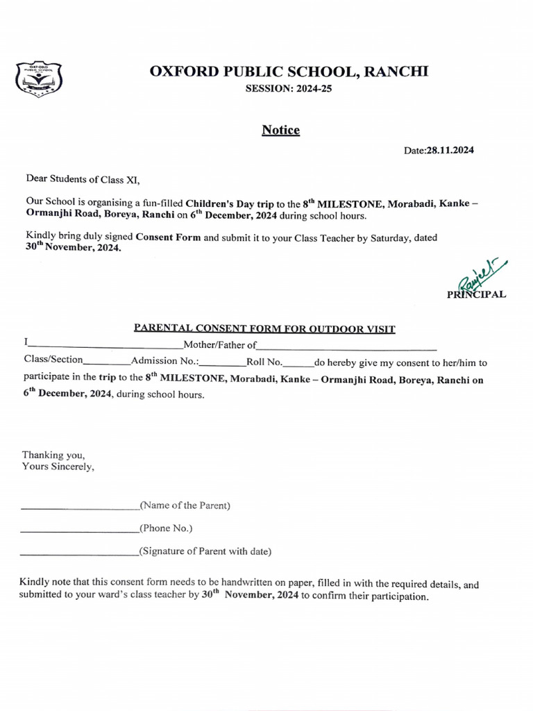 Notice for Children’s Day Trip for Class XI | PDF
