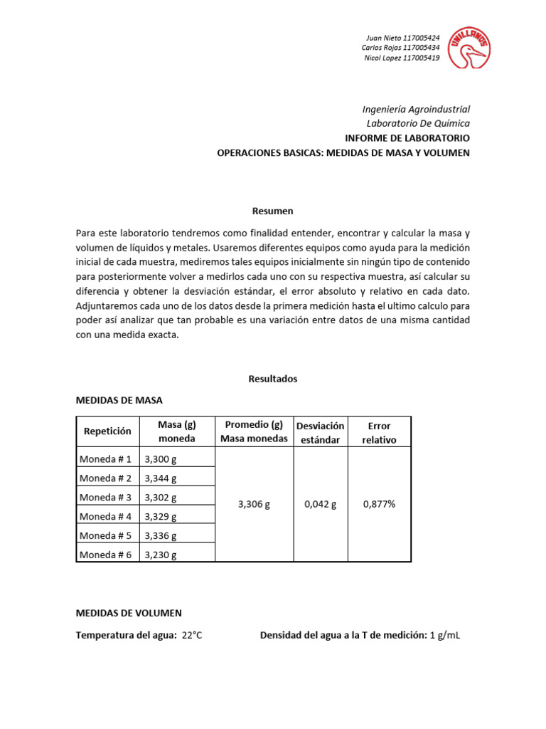 Medidas de Masa y Volumen en Química | PDF | Desviación Estándar | Medición