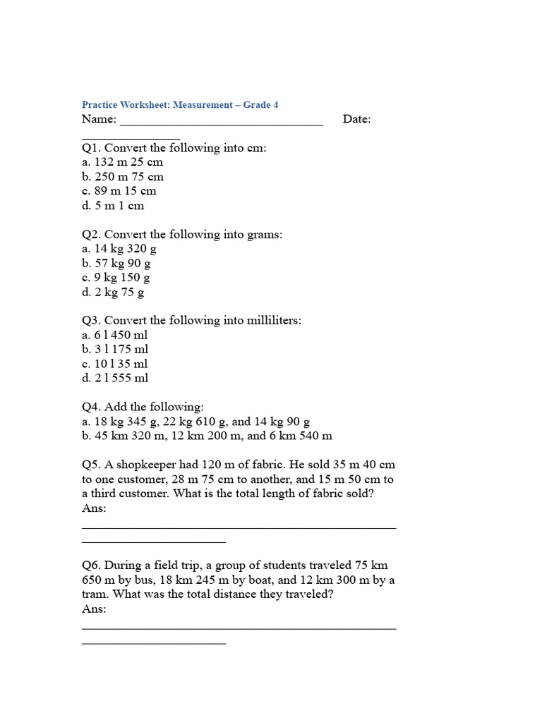 Grade 4 Measurement Practice Worksheet | PDF