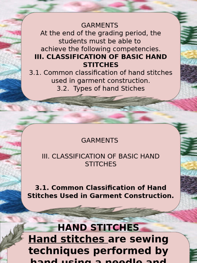Lo 3 Classification of Hand Stitches 3 | PDF | Sewing | Seam (Sewing)