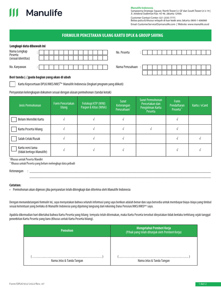 Formulir Pencetakan Ulang Kartu DPLK Dan Group Saving | PDF