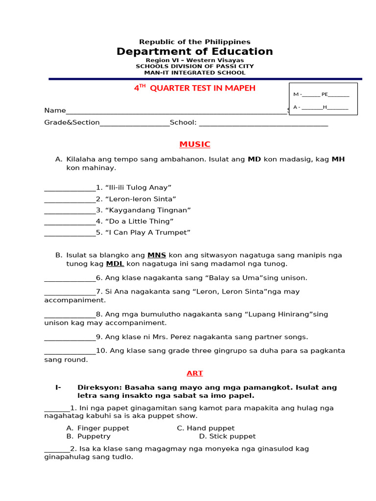 4TH QT Mapeh | PDF