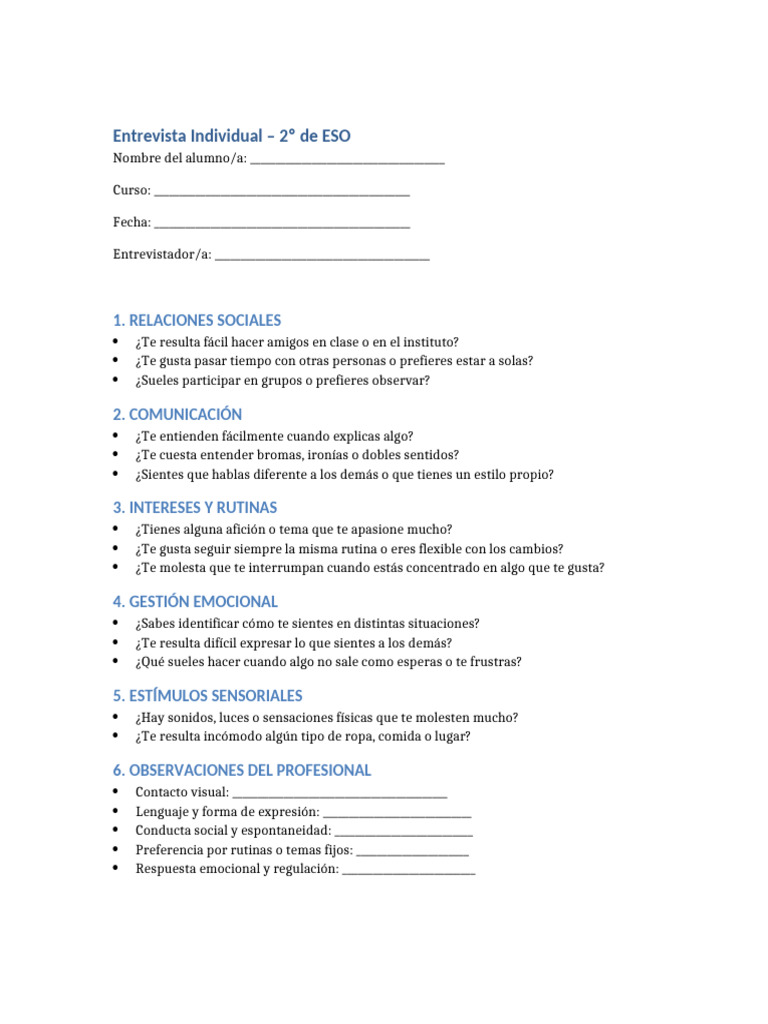 Entrevista Individual para 2º de ESO | PDF