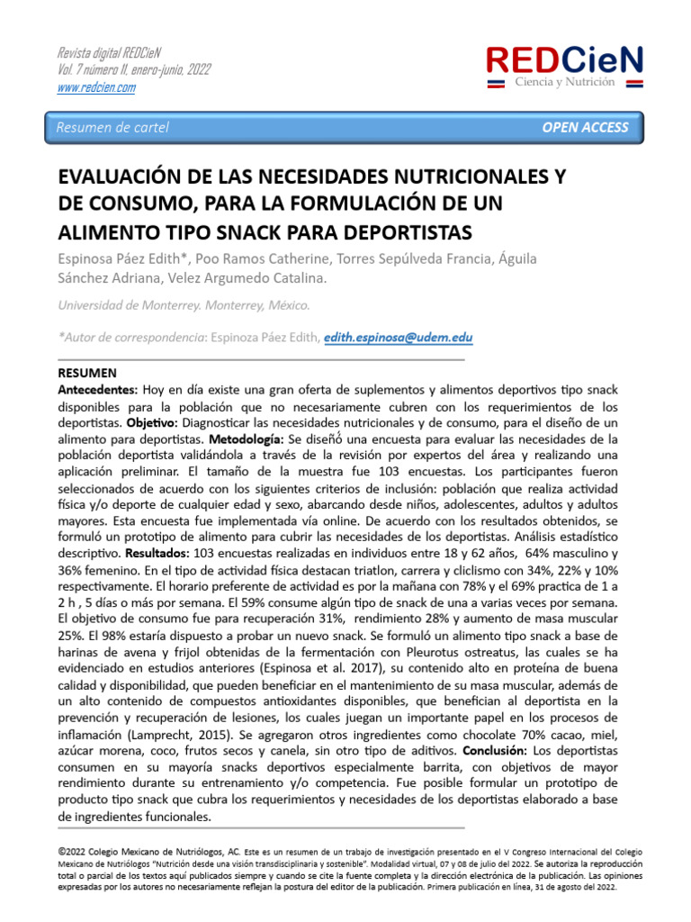 Evaluación de Las Necesidades Nutricionales y de Consumo, para La ...