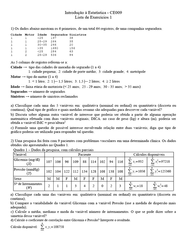 Exercícios de Estatística Aplicada | PDF | Dispersão estatística | Média