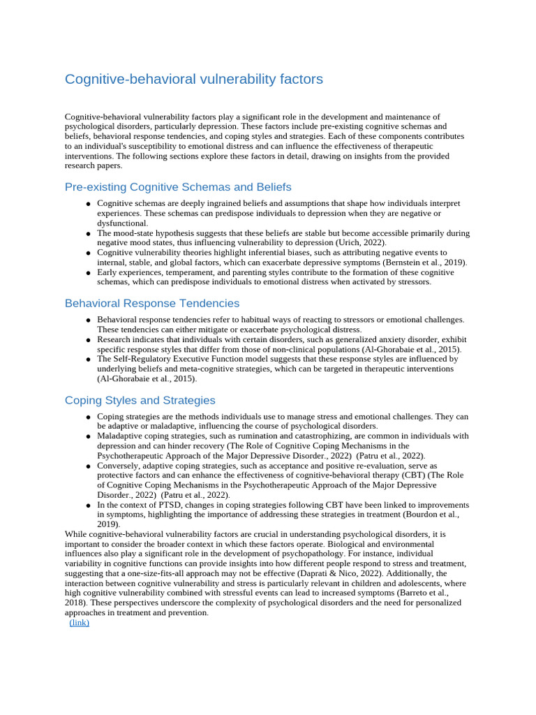 Cognitive Behavioral Vulnerability Factors | PDF | Cognitive Behavioral ...