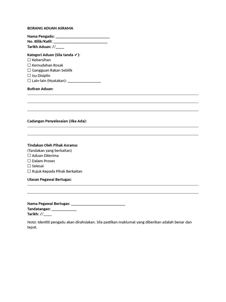 Borang Aduan Asrama | PDF