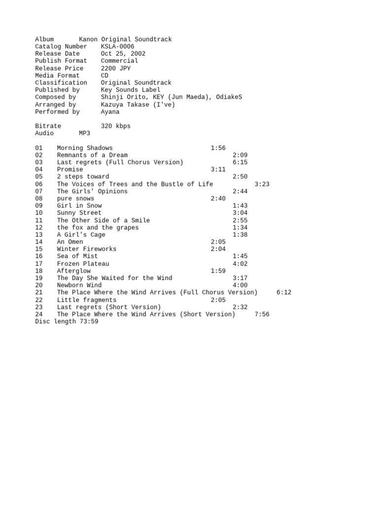Kanon Original Soundtrack | PDF