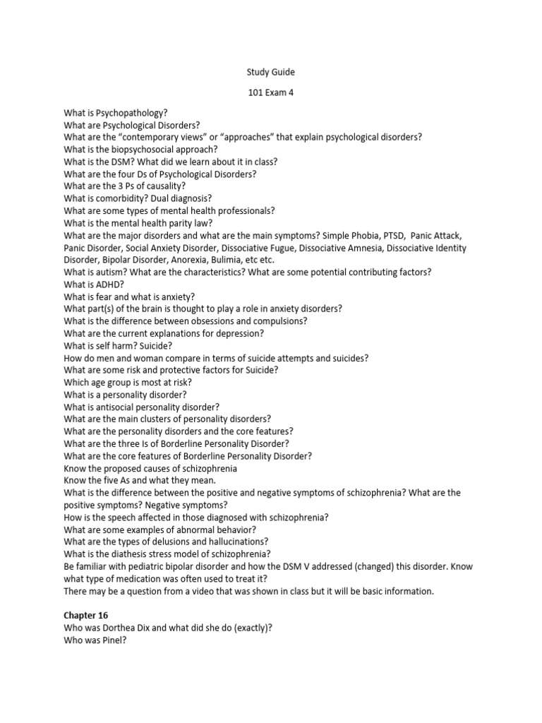 Study Hints Exam 4 101 Fall 2024 | PDF | Mental Disorder | Personality ...