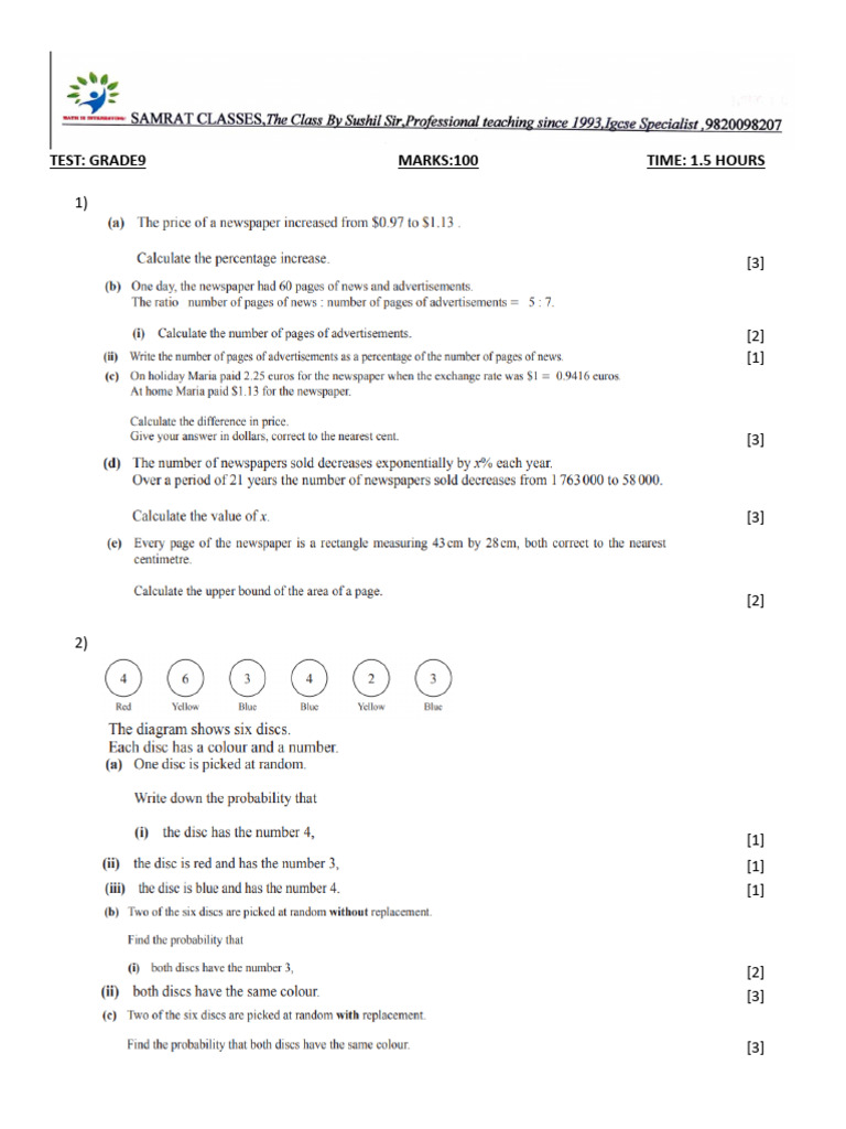 Grade9 PreIGCSE Mock Test 2 100 Marks 05.04.2025 | PDF