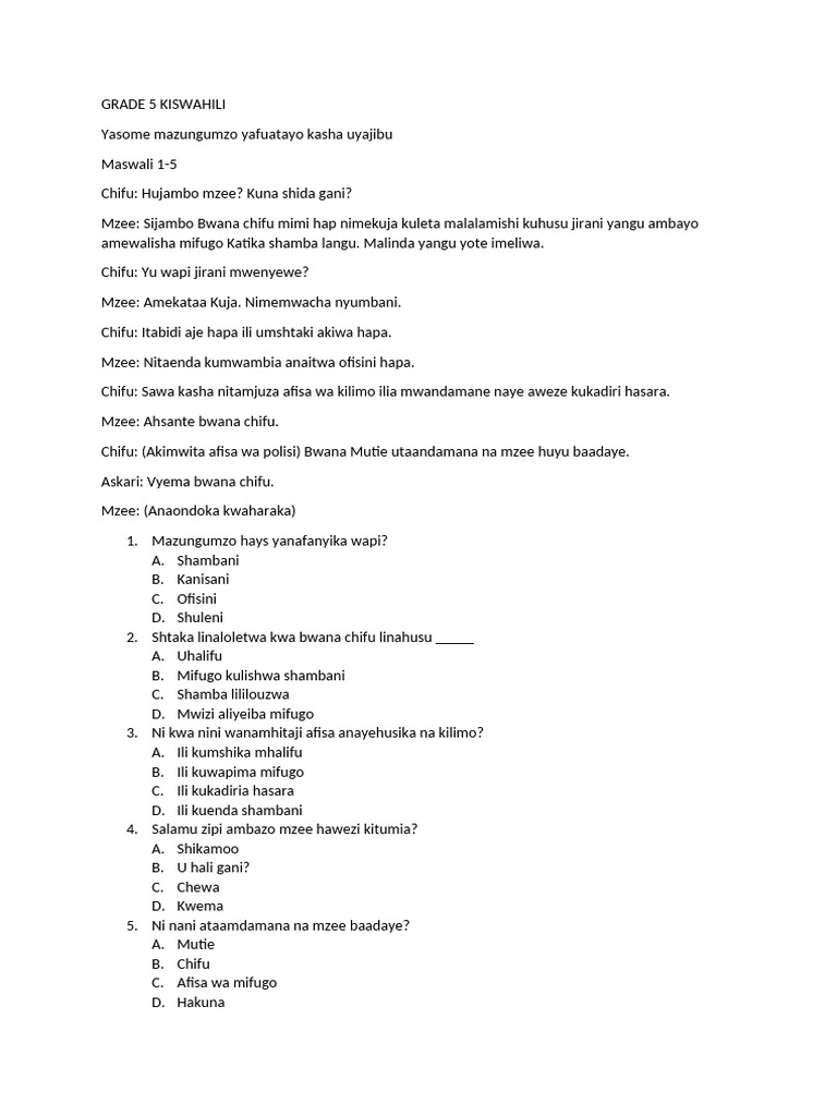 Grade 5 Kiswahili | PDF