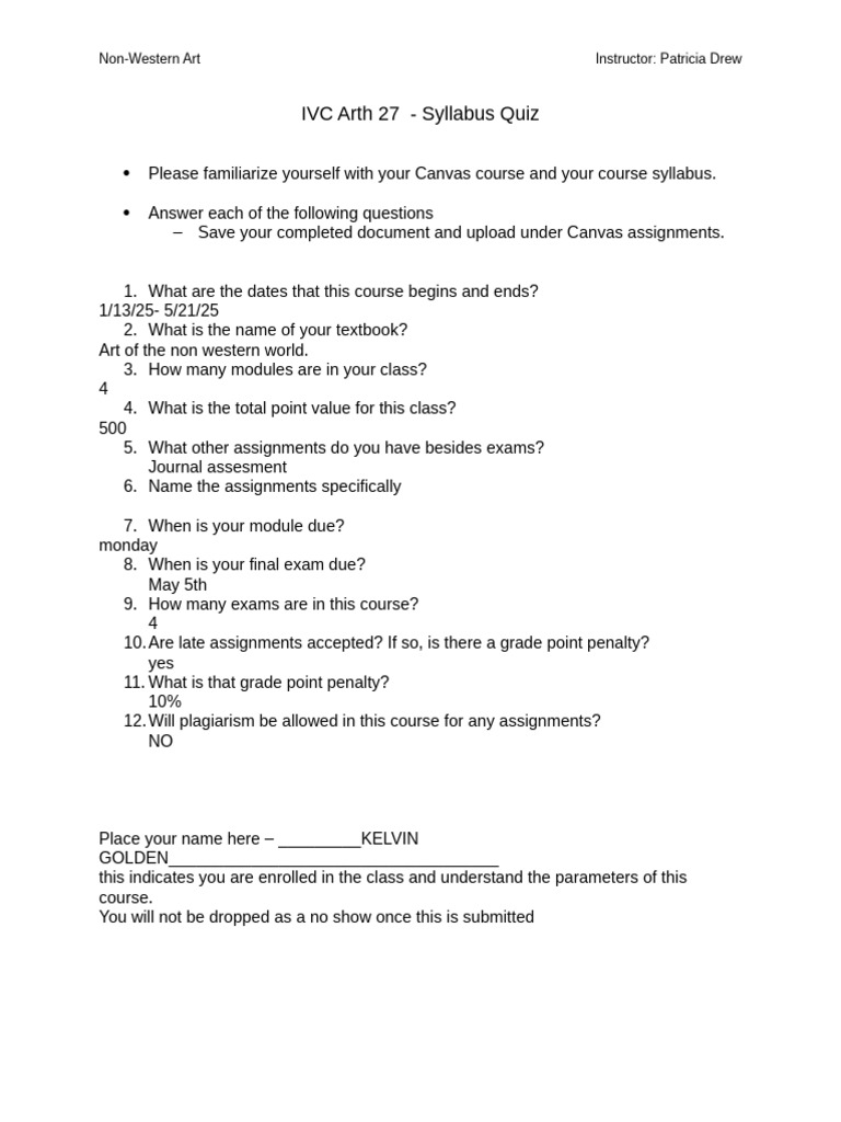 IVC Art Course Syllabus Quiz | PDF