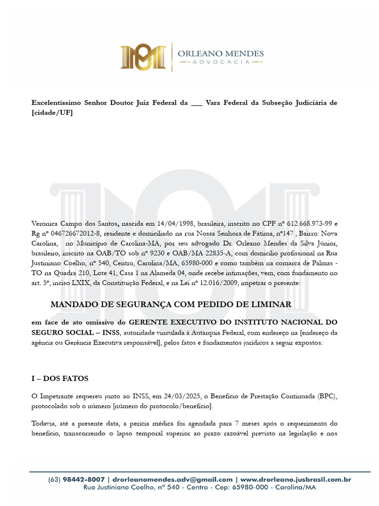 Mandado de Segurança INSS: BPC e Prazo Razoável | PDF | Justiça | Crime ...