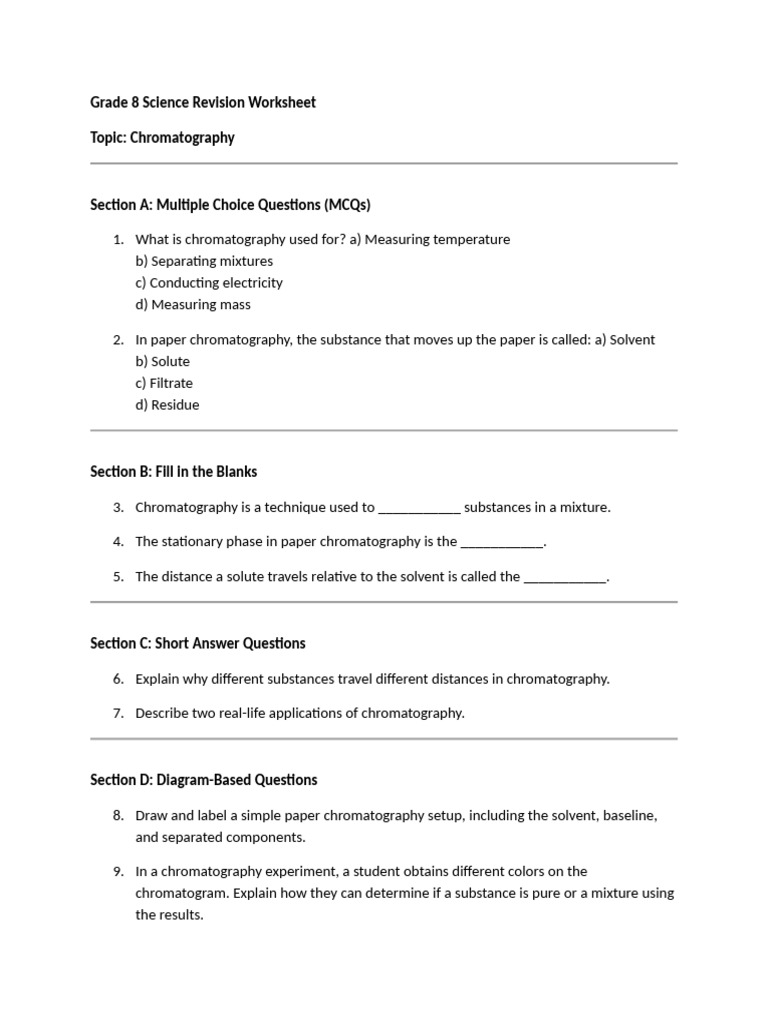 Chromatography Worksheet | PDF