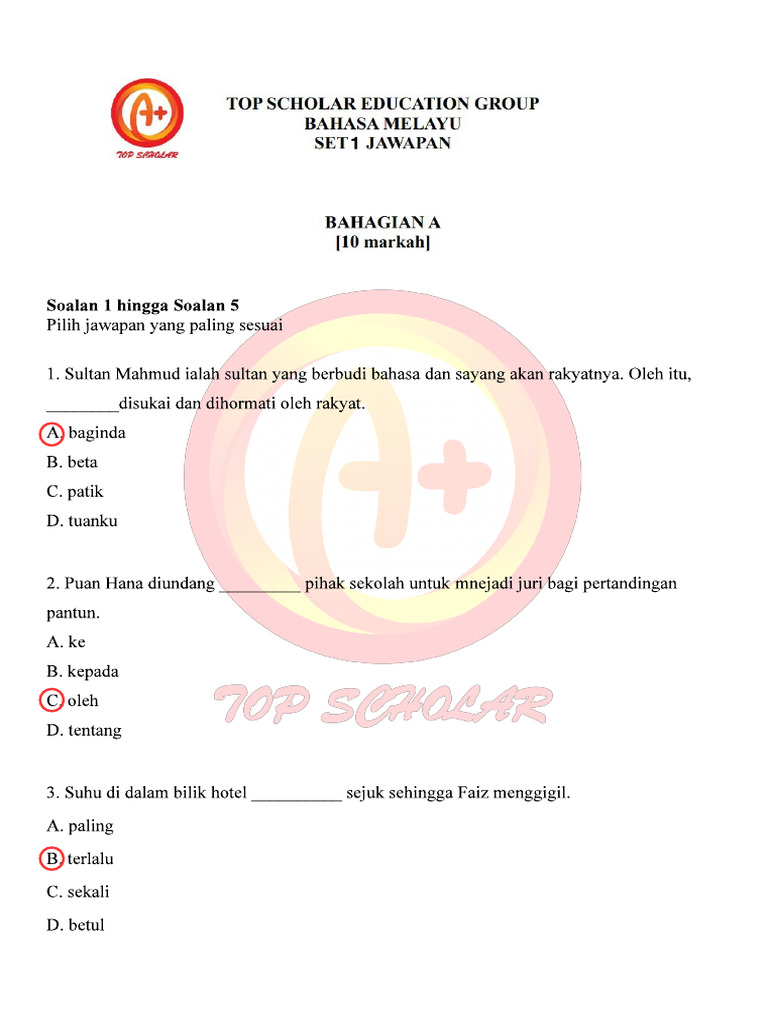 Y4-Y6 UASA BM SET 1 JAWAPAN (勿外流) | PDF