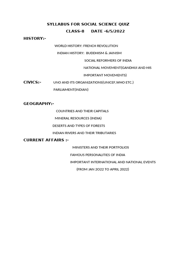 Syllabus For Social Science Quiz Competition | PDF