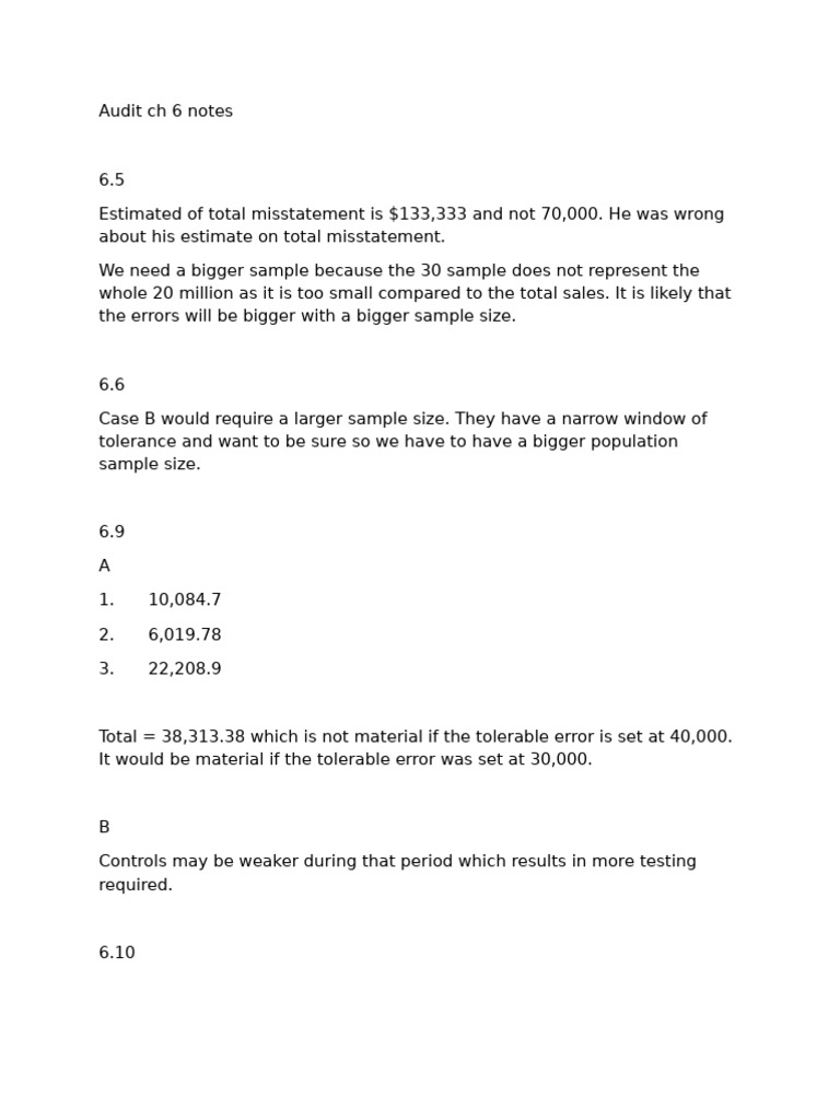 Audit CH 6 Notes | PDF | Internal Control | Audit