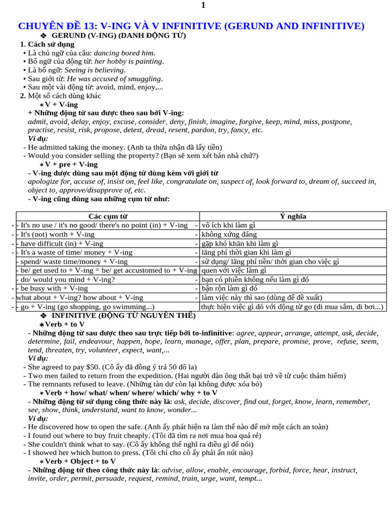 CHUYÊN ĐỀ 13 ĐỘNG TỪ TO V - VING | PDF