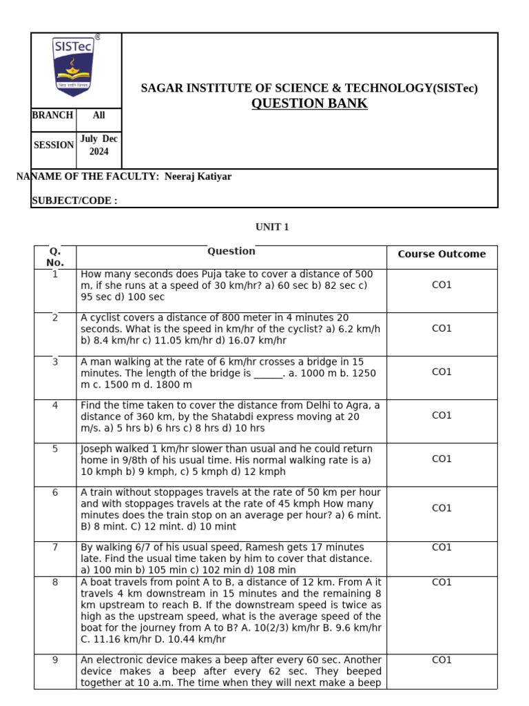 Unit Wise Question Bank | PDF | Ratio | Speed