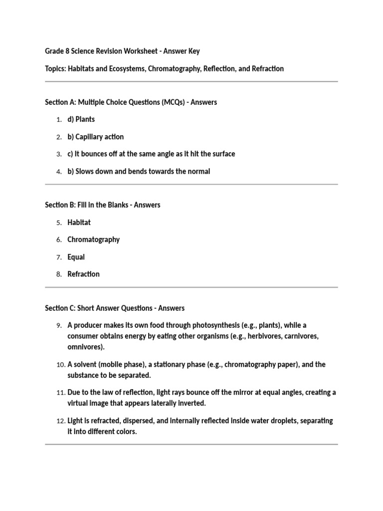 Grade 8 Science Revision Worksheet Answers | PDF