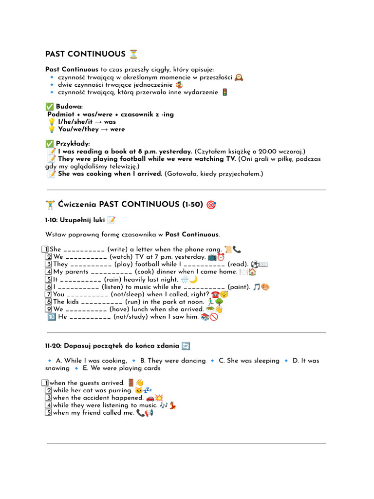 Past Continuous Exercises and Tasks | PDF