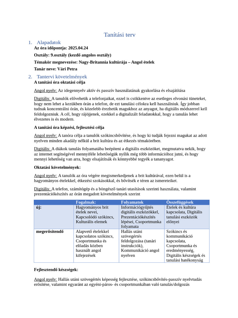 Foglalkozásterv 2025 Vári Petra | PDF