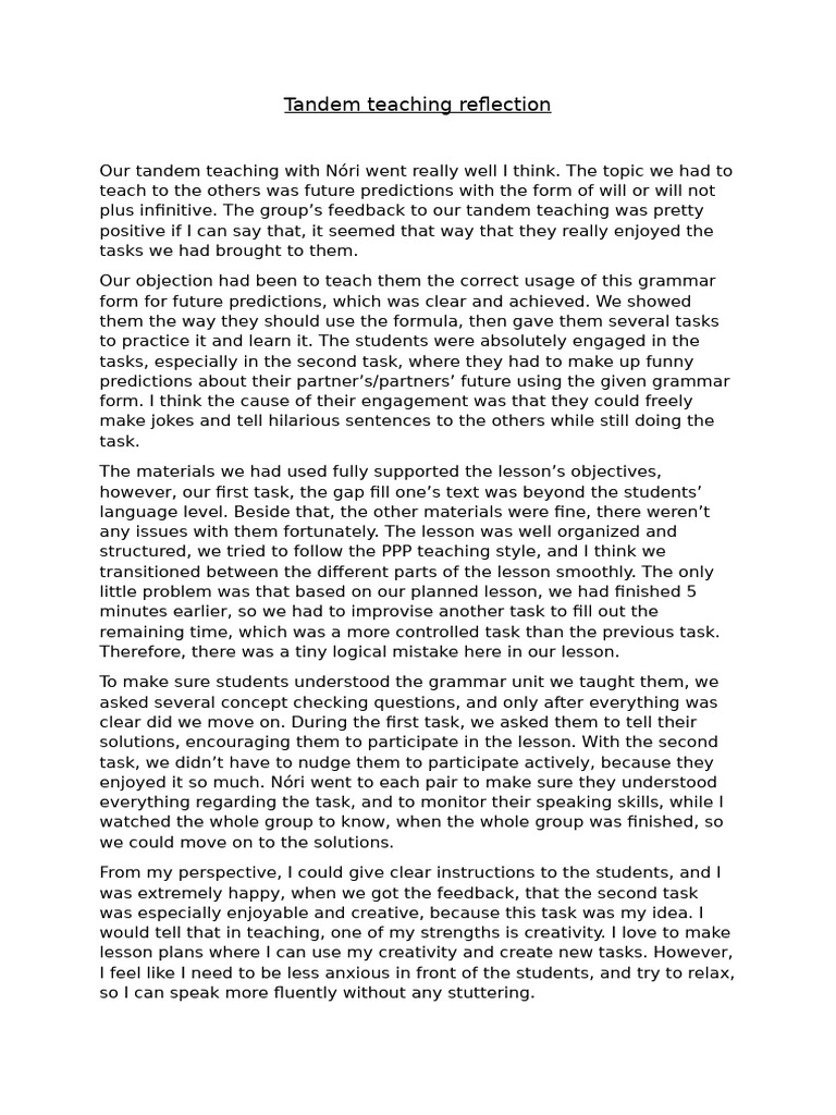 Tandem Teaching Reflection | PDF | Cognition | Learning