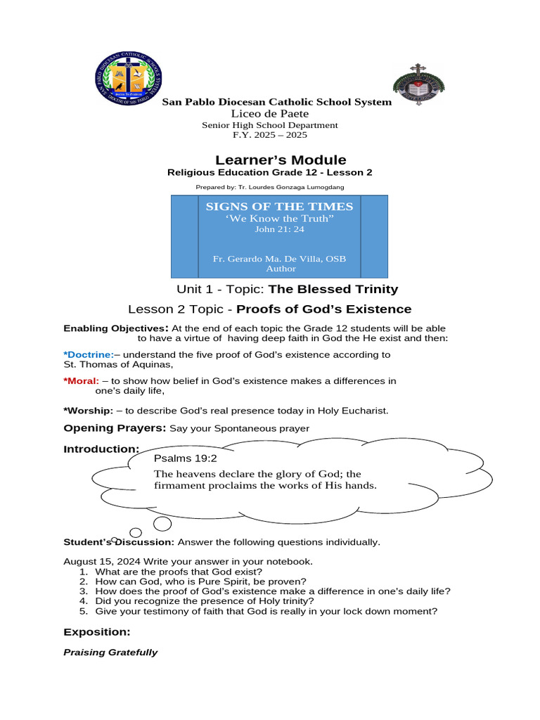 Grade 12 Religious Education Module: God's Existence | PDF | Religious ...