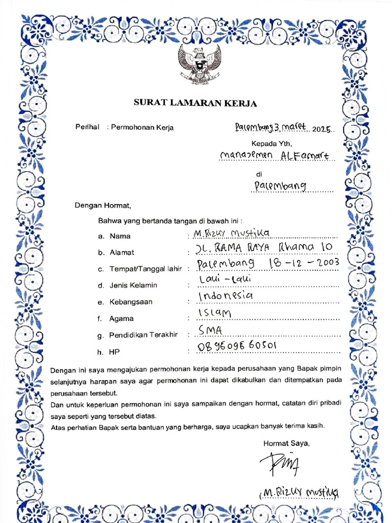 Surat Lamar M.RIZKY MUSTIKA - 20250303 - 234531 - 0000 | PDF