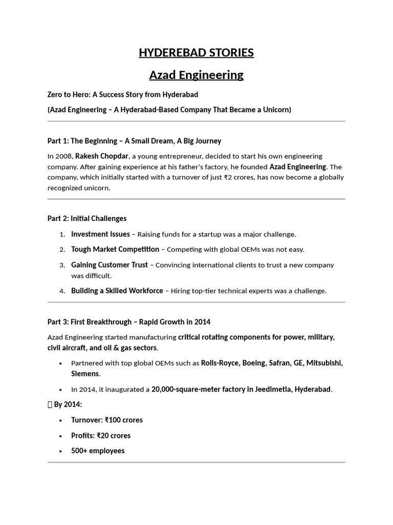 Azad Engineering: Hyderabad Unicorn Success | PDF | Startup Company ...