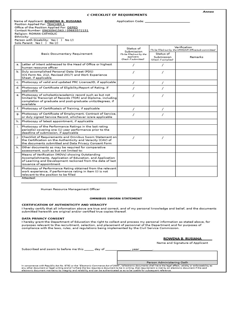 Annex C-Checklist of Requirements and Omnibus Sworn Statement | PDF