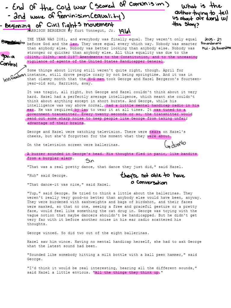 HARRISON BERGERON by Kurt Vonnegut, JR | PDF