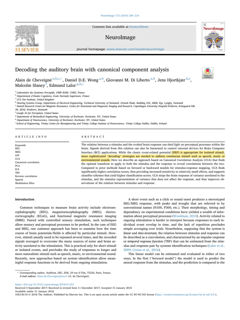 Decoding the auditory brain with canonical component analysis | PDF ...