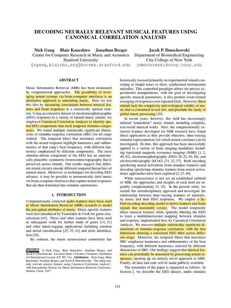 Decoding Neurally Relevant Musical Features Using Cca | PDF ...