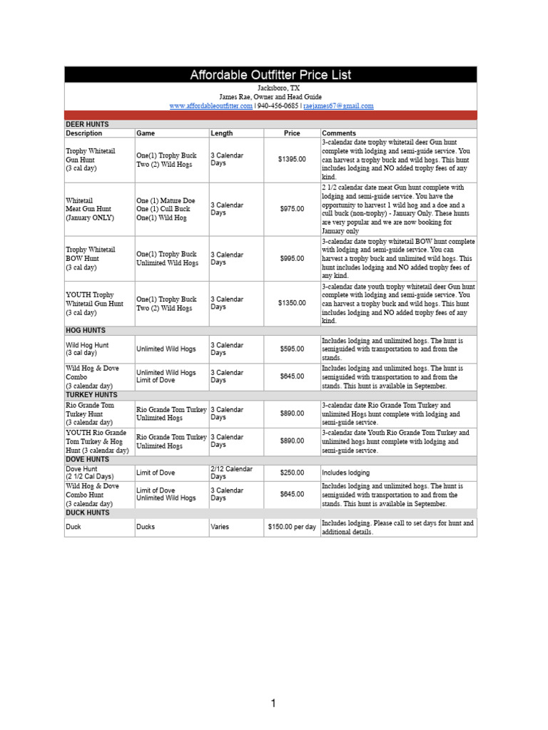 AffordableOutfitter Price List | PDF | White Tailed Deer | Hunting