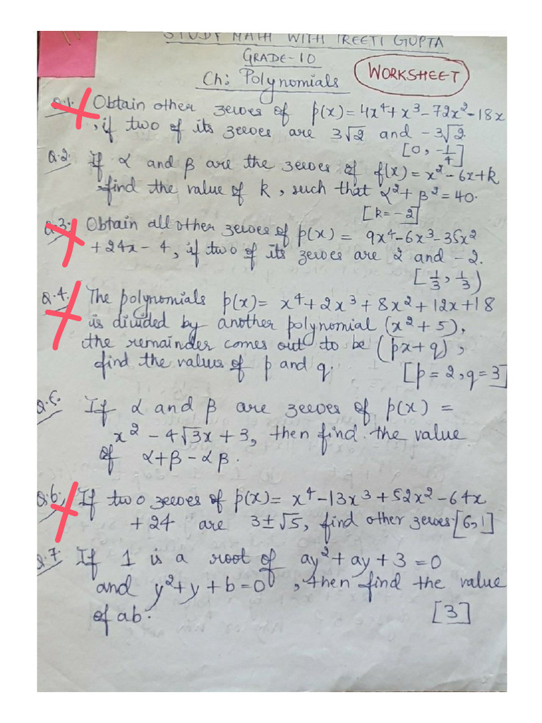 Polynomials Grade 10 Worksheet | PDF