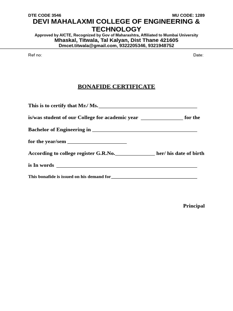 Bonafide Certificate for Engineering Students | PDF