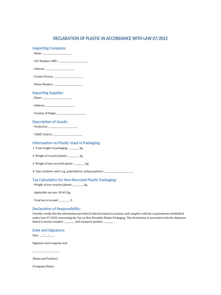 Plastic Declaration Law 07 2022 | PDF